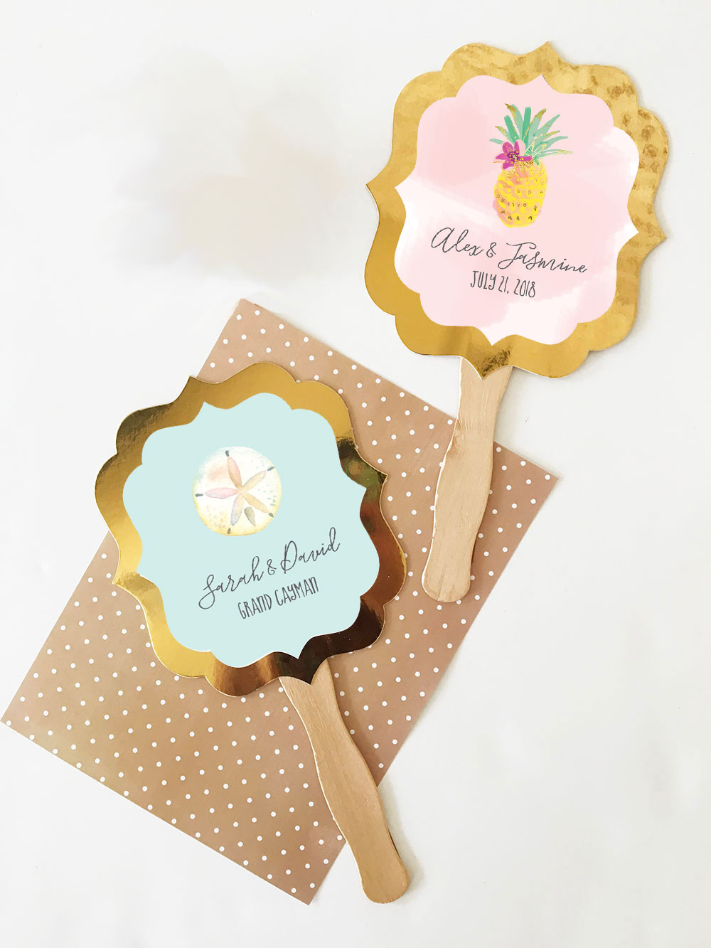 Wedding Favorites: Personalized Tropical Beach Gold Paddle Fans